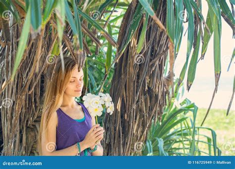 Young Woman Under The Palm Trees Stock Image Image Of Calm Health
