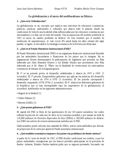 La Globalización Y El Inicio Del Neoliberalismo En México Jj Pdf