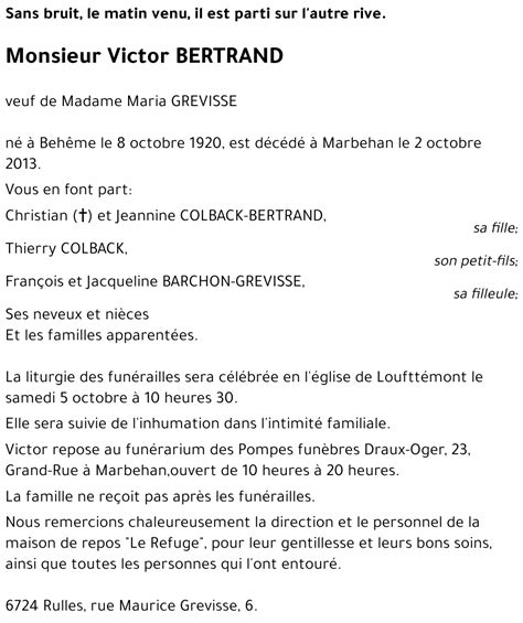 Avis De Décès De Victor Bertrand Décédé Le 02 10 2013 à Houdemont