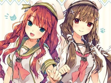 2girls blush brown hair cross fang gray eyes hat natsu