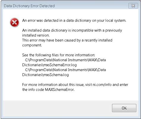 data dictionary error detected when running ni max national instruments