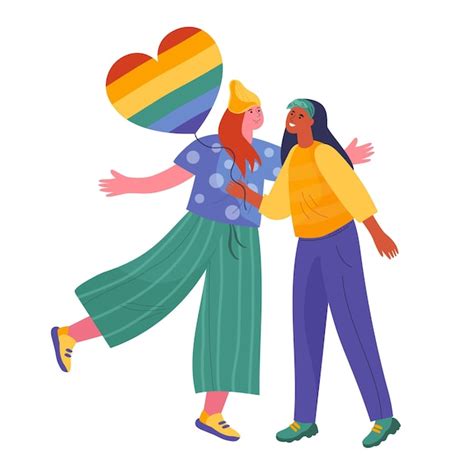 Hermosa Pareja De Lesbianas Con Bandera Lgbt Vector Gratis
