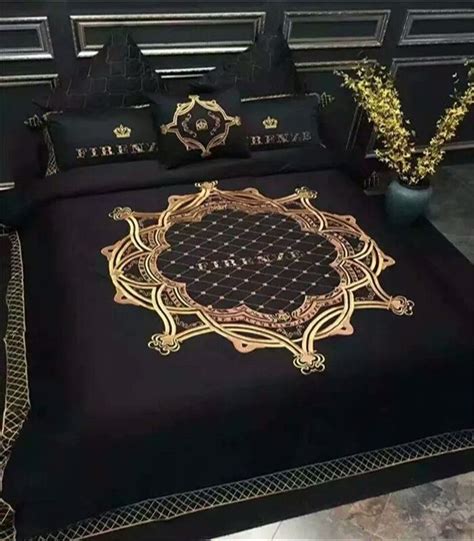 Image Of Black And Gold Luxury 100 Cotton 4 Piece Bedding Set Satin