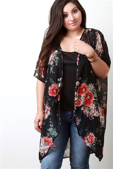 Floral Print Dolman Chiffon Kimono Urbanog Plus Size Fashion Plus