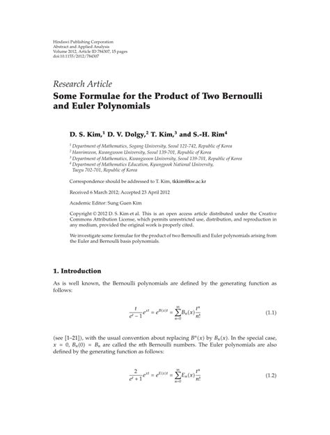 pdf some formulae for the product of two bernoulli and euler polynomials