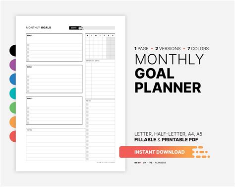 Monthly Goal Planner Printable Work Life Goal Setting Project