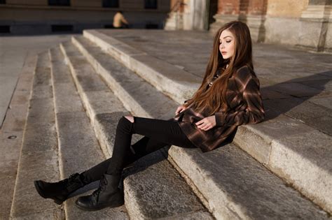 Wallpaper Model Brunette Long Hair Karina Kozyreva Stairs Women