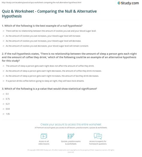 quiz and worksheet comparing the null and alternative hypothesis