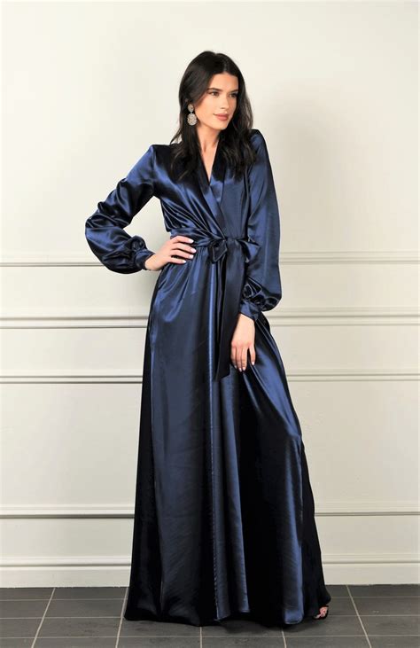 Navy Blue Satin Maxi Dress Wrap Neckline Dress Long Cuff Etsy