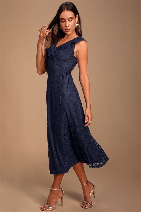 Cute Navy Blue Dress Lace Dress Midi Wrap Dress Lulus