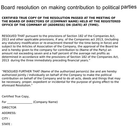 board resolution on making contribution to political parties
