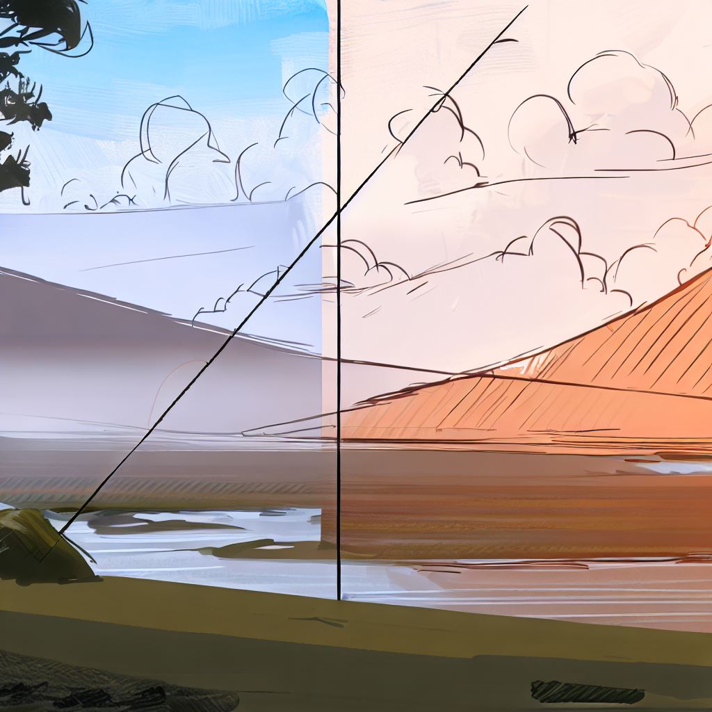 Draw a landscape scene with two complementary angles in the foreground
