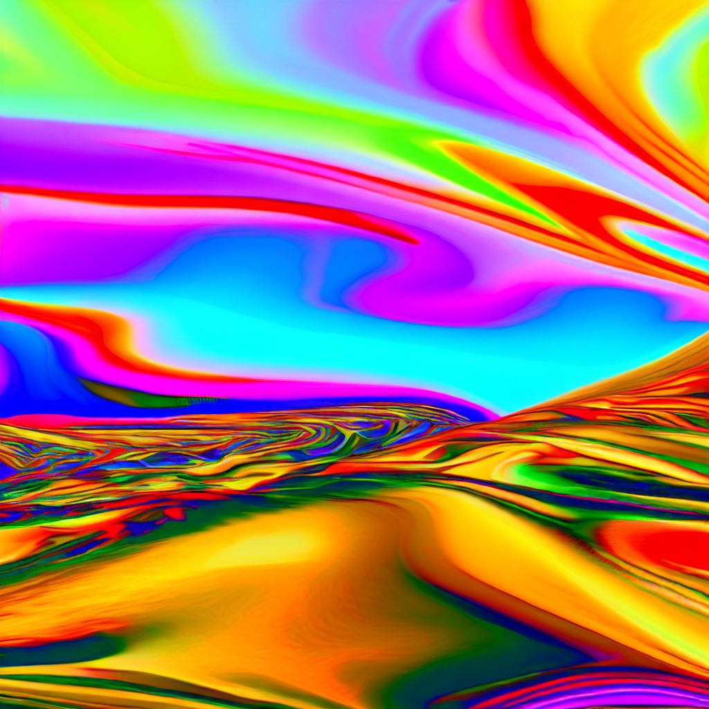 Create an image of a vibrant trippy landscape with rolling hills and vibrant colors inspired by the hallucinogenic effects of LSD.