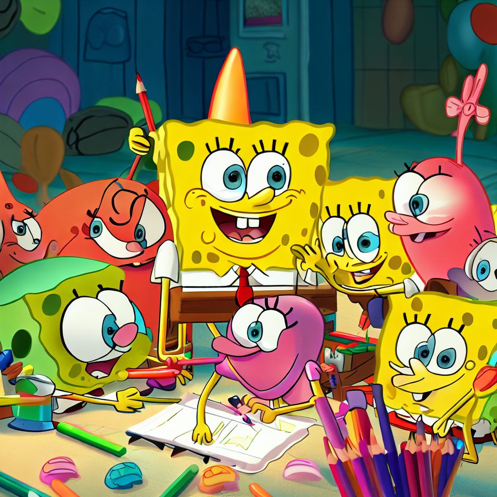 Draw a scene where Spongebob and his friends are all gathered together, each holding a different colored pencil, and working on their own coloring pages
