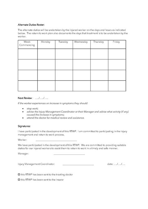 Image result for Return to Work Program Template