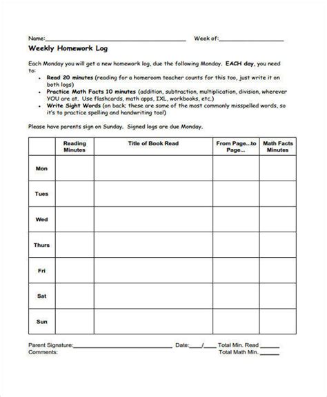 Image result for Homework Log Template