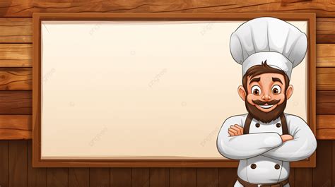 Smiling Cartoon Chef Holding A Board In A Restaurant Kitchen Background ...