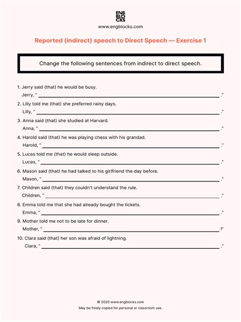 Reported Indirect Speech To Direct Speech Exercise 1 | PDF