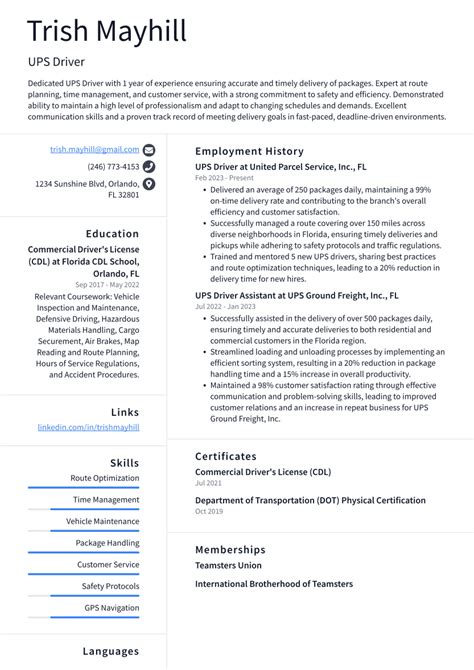 Image result for UPS Driver Resume Examples