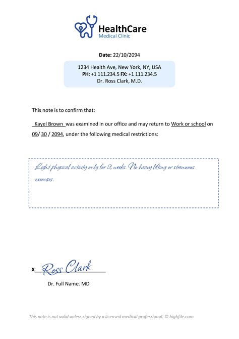 Image result for Return to Work Hospital Note