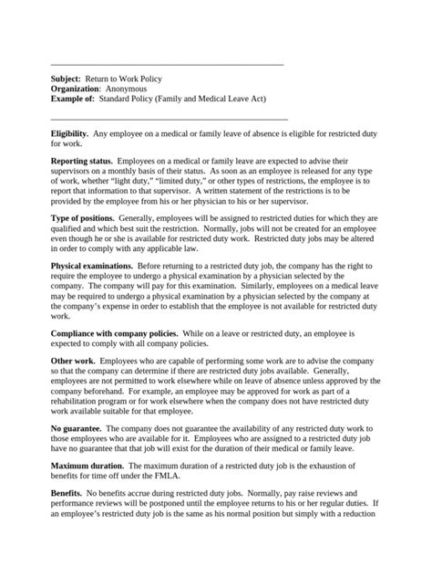 Image result for Return to Work Policy Examples