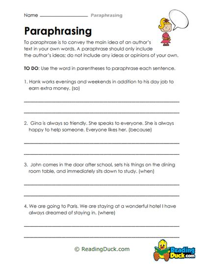 Image result for Paraphrasing Worksheet