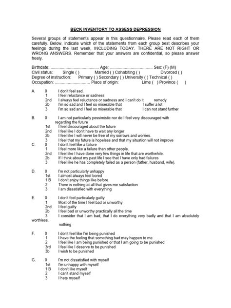 Beck Depression Inventory | PDF | Major Depressive Disorder | Affect ...