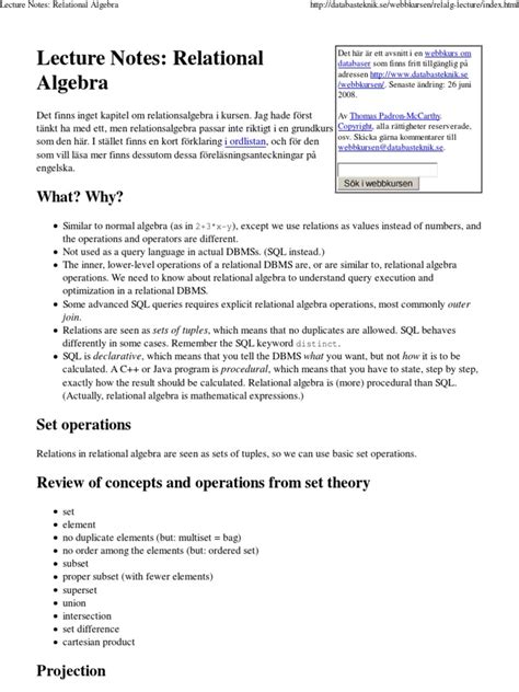Image result for Relational Algebra in Database PDF
