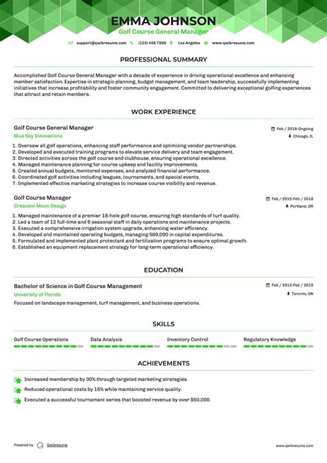 Image result for Golf Course Manager Resume Example