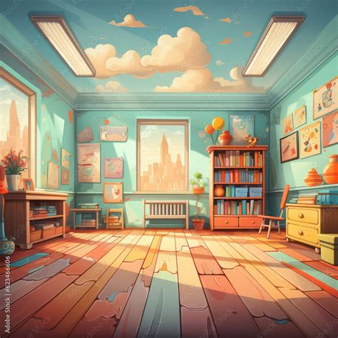 Cartoon preschool classroom backdrop with negative space and colorful ...