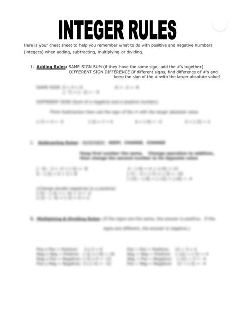 Image result for Integer Rules Printable