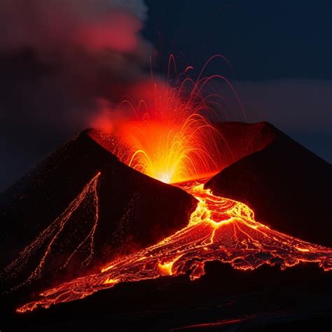 A volcano with a red lava and a volcano in the background | Premium AI ...