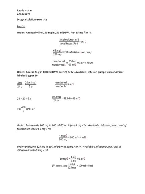 Drug Calculation Excersice | PDF | Intravenous Therapy | Pharmacy
