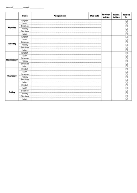 Image result for Weekly Assignment Sheet Excel