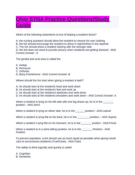 Image result for Free Printable STNA Practice Test