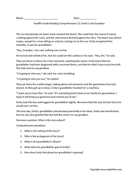 Image result for Reading Comprehension Worksheets Grade 12