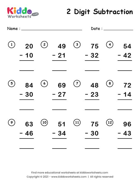 Image result for Subtracting Two-Digit Numbers Worksheet