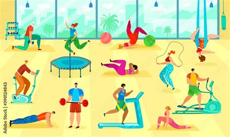 Fitness people training body in gym vector illustration. Cartoon flat ...
