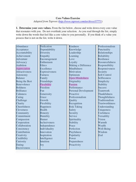 Image result for Core Values Exercise