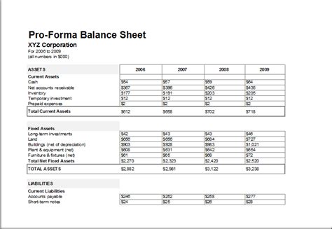 Image result for Pro Forma Balance Sheet Example