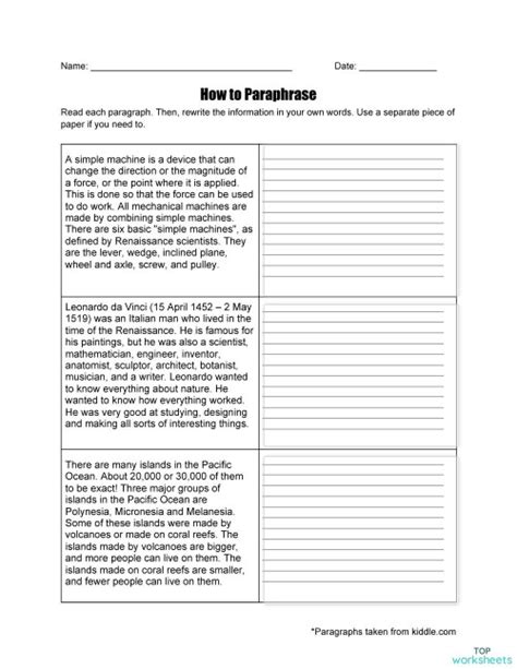 Image result for Paraphrasing Worksheet