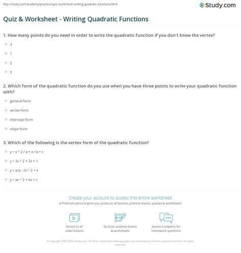 Image result for Writing Quadratic Functions Worksheet