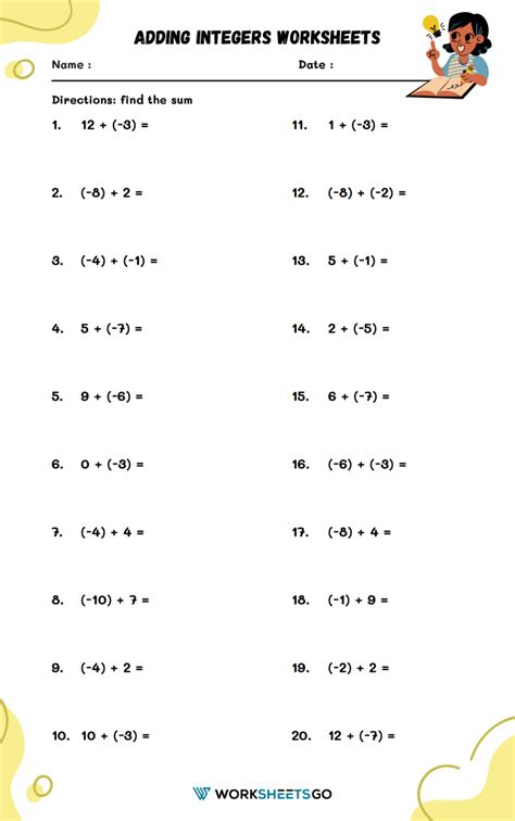 Image result for Adding Integers Free Worksheet