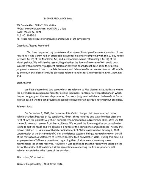 Image result for Memorandum of Law Example