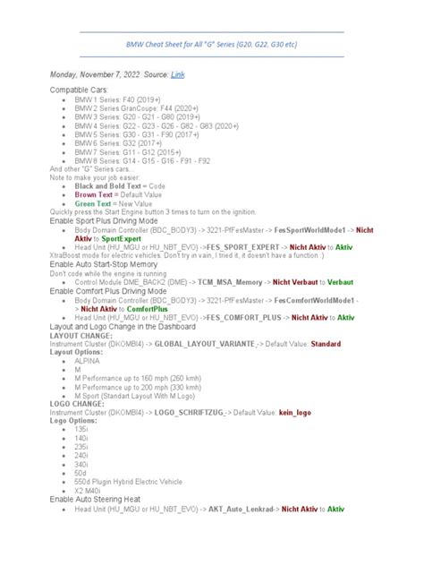 Image result for Bimmercode Cheat Sheet PDF G30