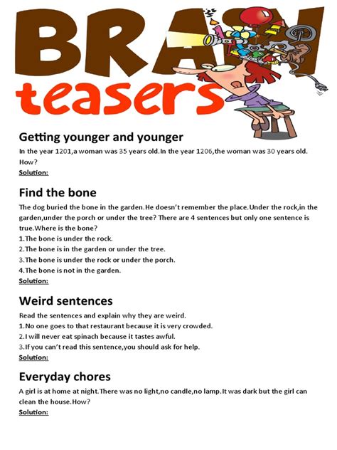 Brain Teaserswith Answer Key Fun Activities Games Games Oneonone ...