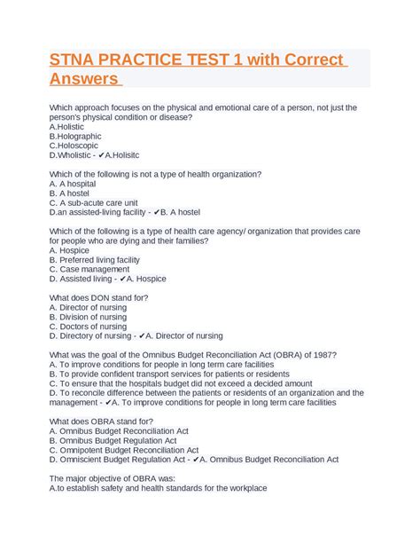 Image result for Free Printable STNA Practice Test