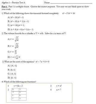 Image result for Algebra 1 Practice Test