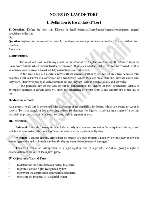 LAW OF TORT Notes | PDF | Negligence | Defamation