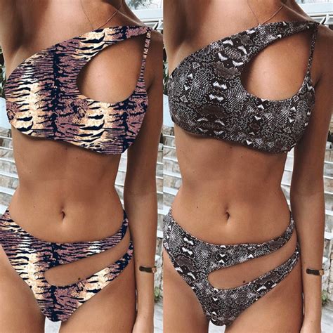 Print Cut Out One Shoulder Two Piece Swimwear